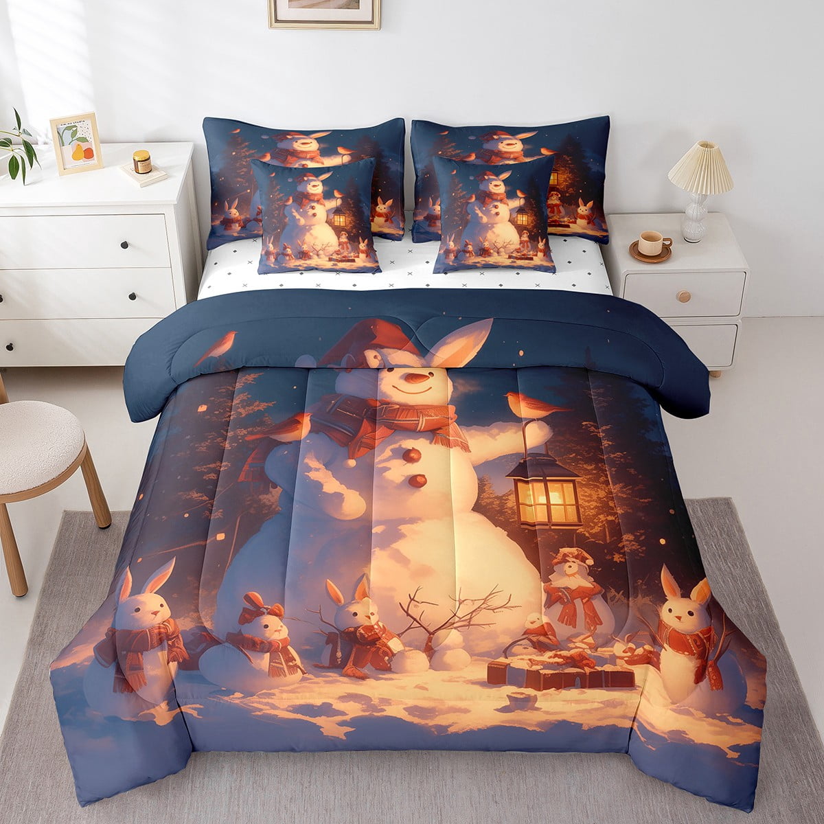 Cute Rabbit Snowman Bedding Set 7 Piece Full Size Christmas Bed in a ...