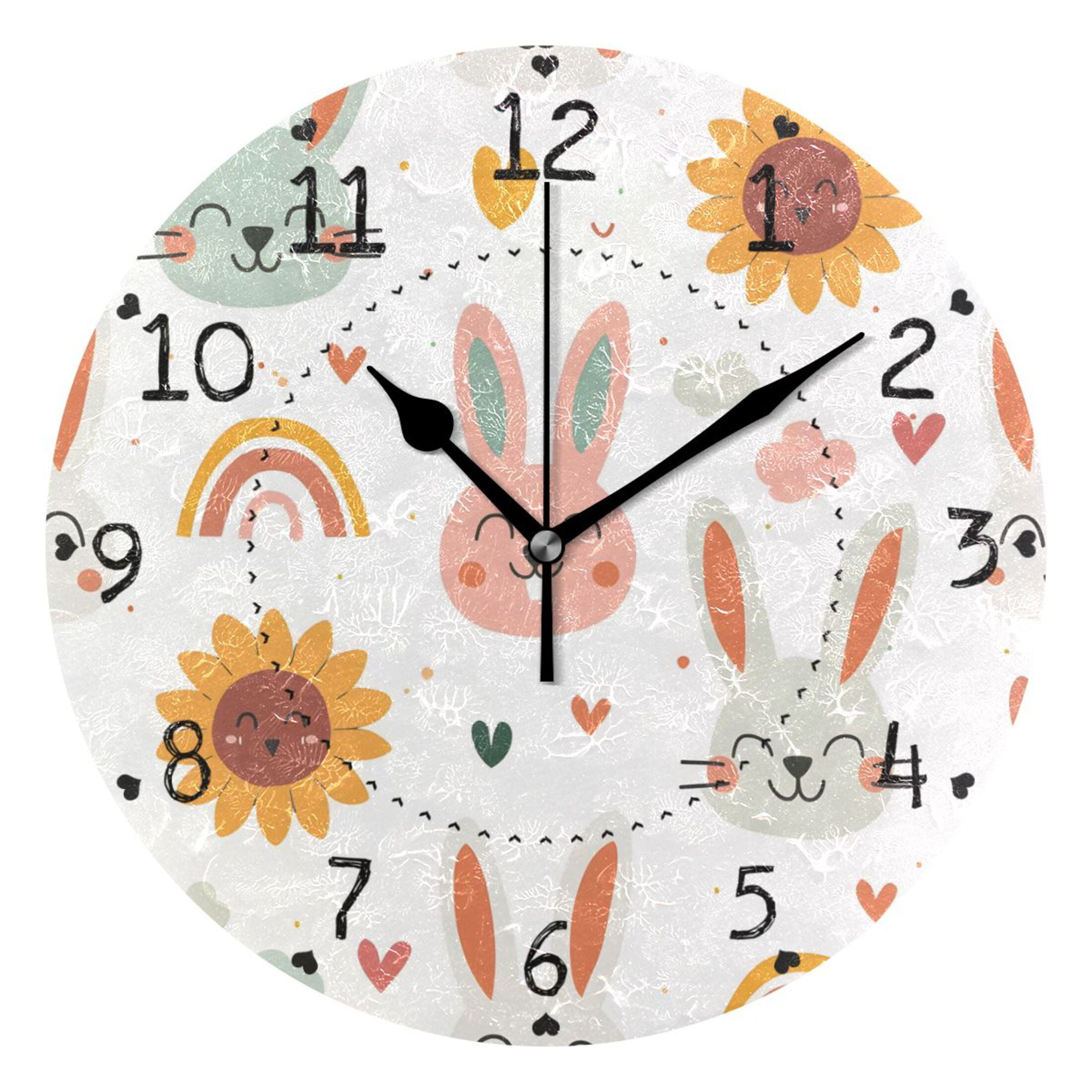 Cute Rabbit Sunflower Cloud Rainbow Heart Round Wall Clock Silent ...