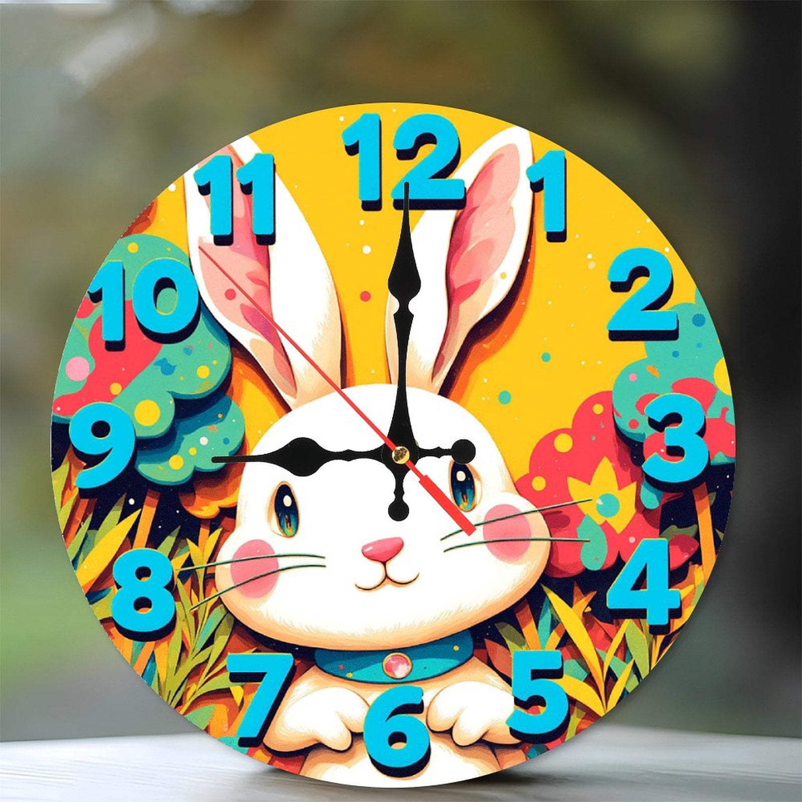 Cute Rabbit Wall Clock with Colorful Numbers Design 10-Inch Silent ...