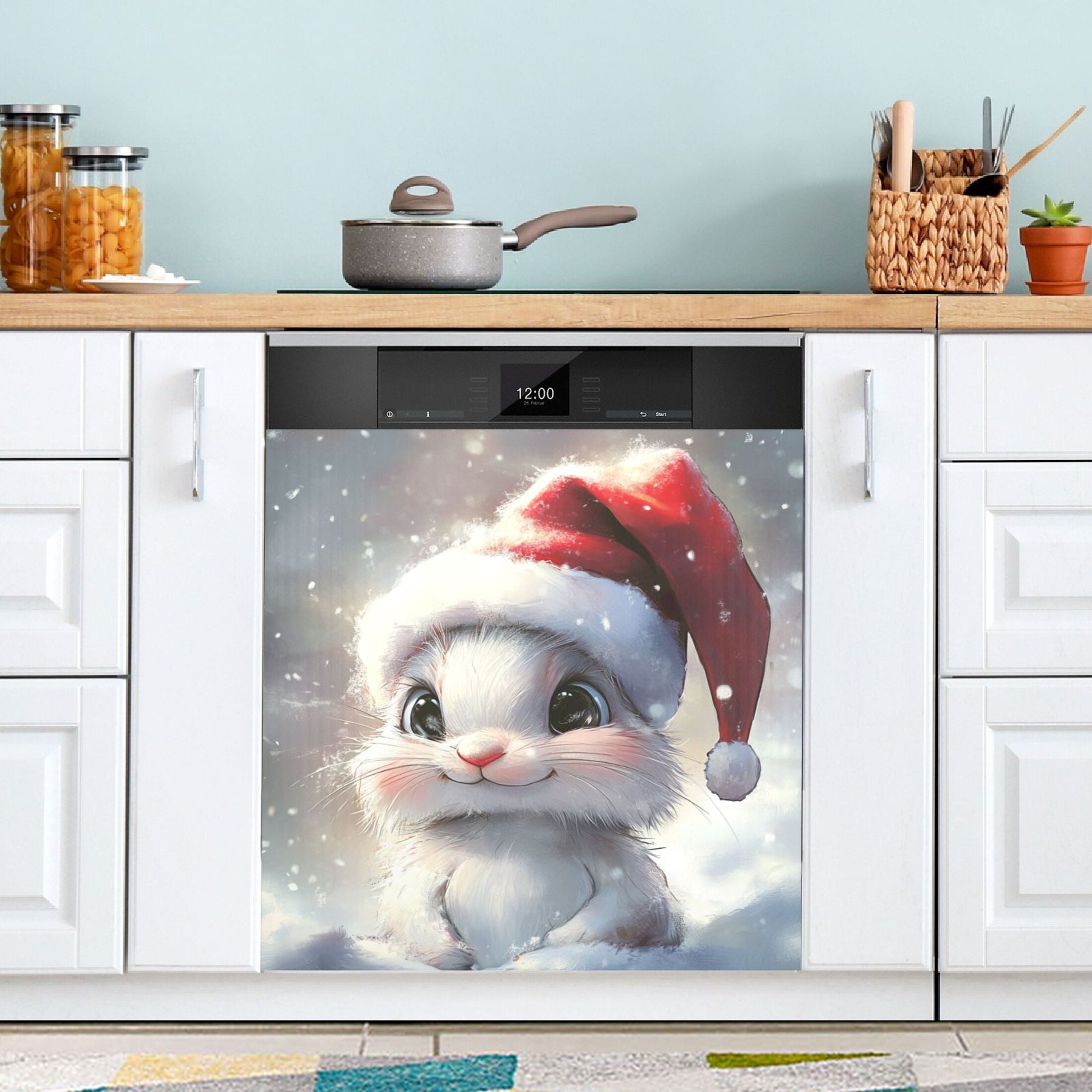 Cute Rabbit Wearing Christmas Hat Snow Dishwasher Magnet Refrigerator ...