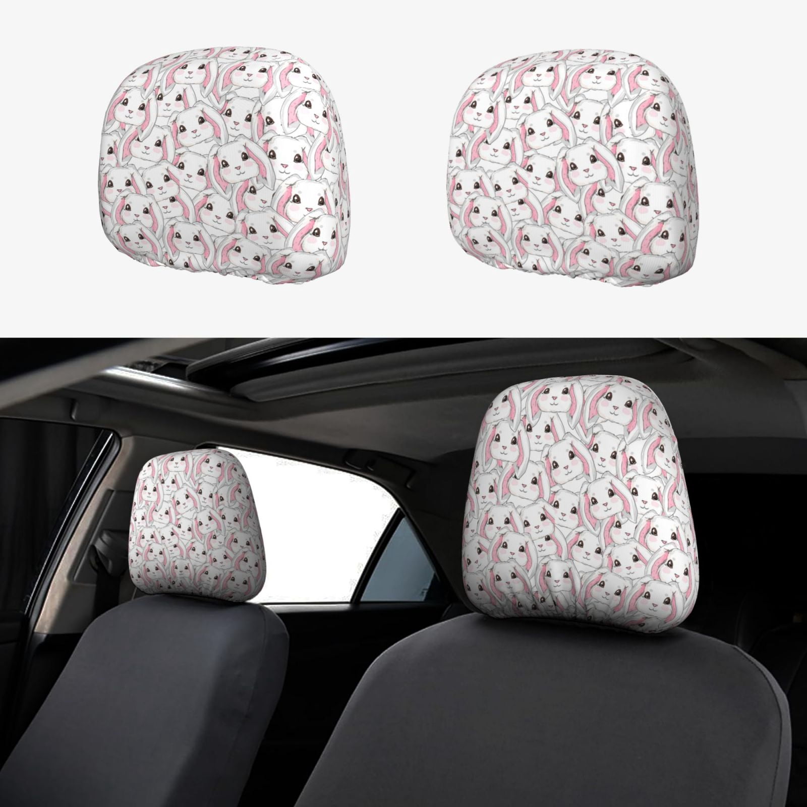 Cute Rabbit White Pink Headrest Cover for Cars, 2Pack Car Headrest ...
