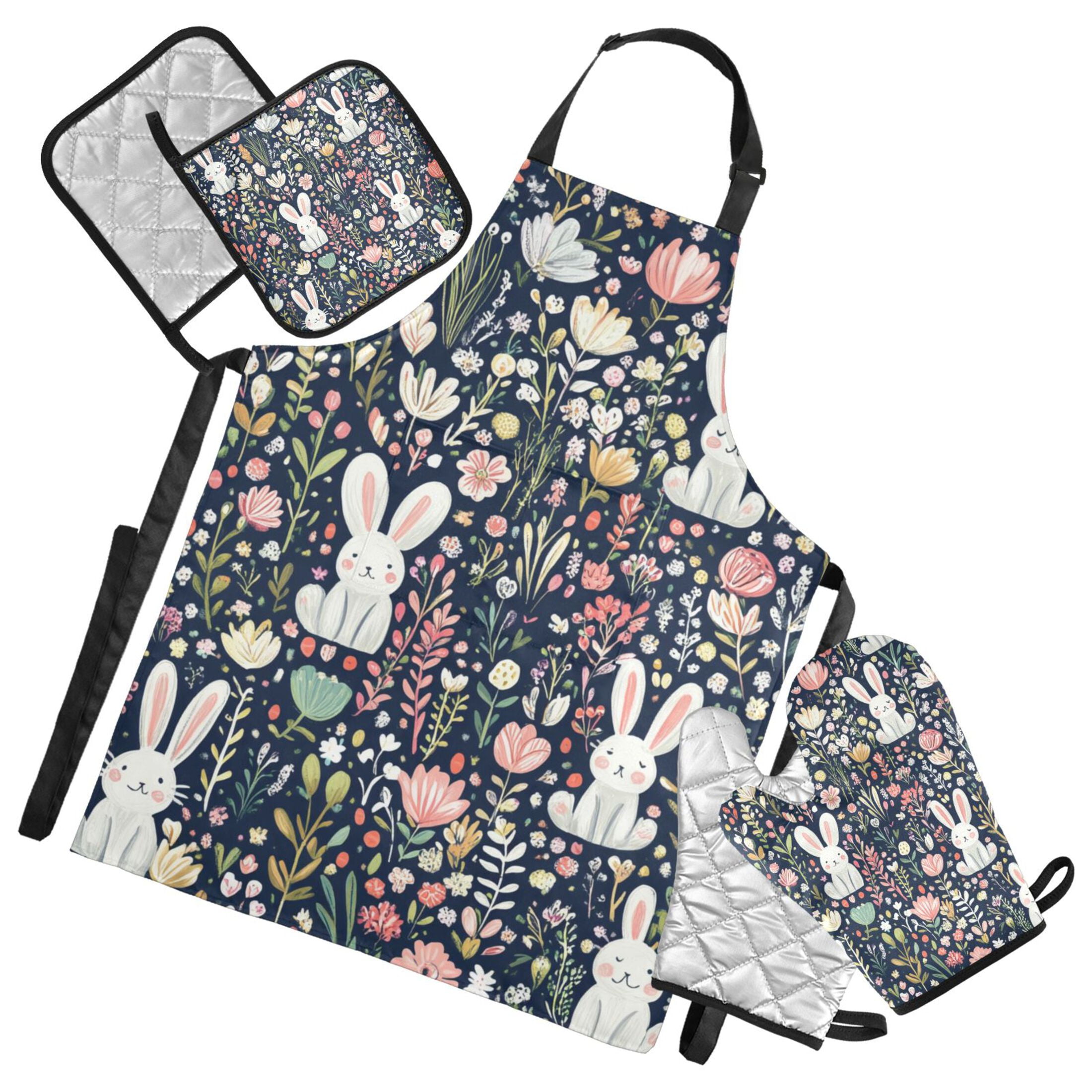 Cute Rabbit and Flowers Oven Mitts and Pot Holders with Chef Apron Set ...