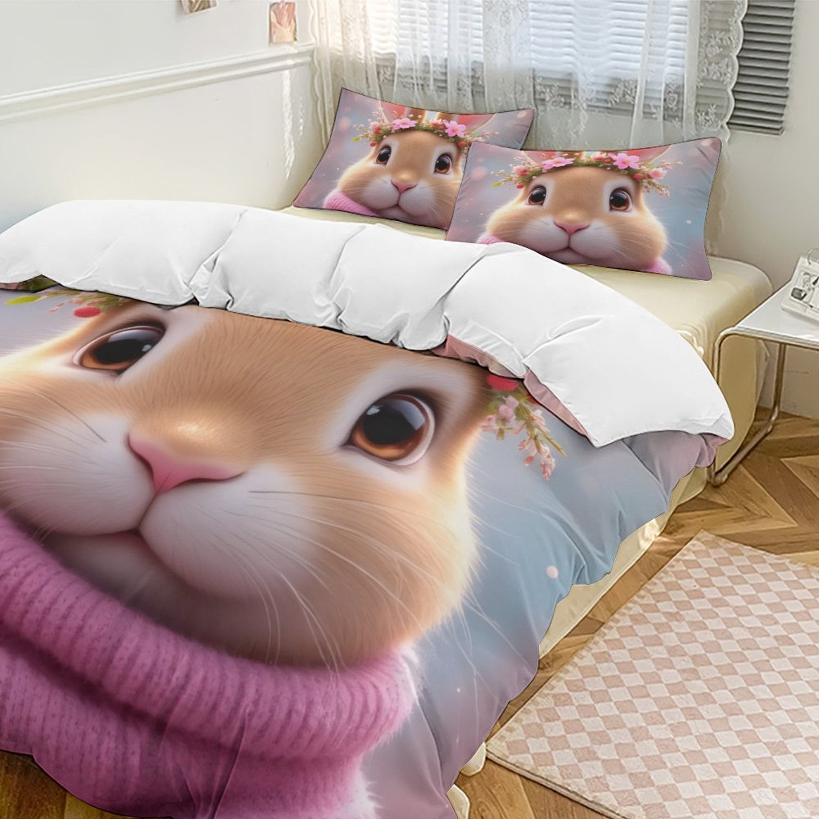 Cute Rabbit in Floral Wreath 3D Duvet Cover Set Quilt Cover Theme of ...