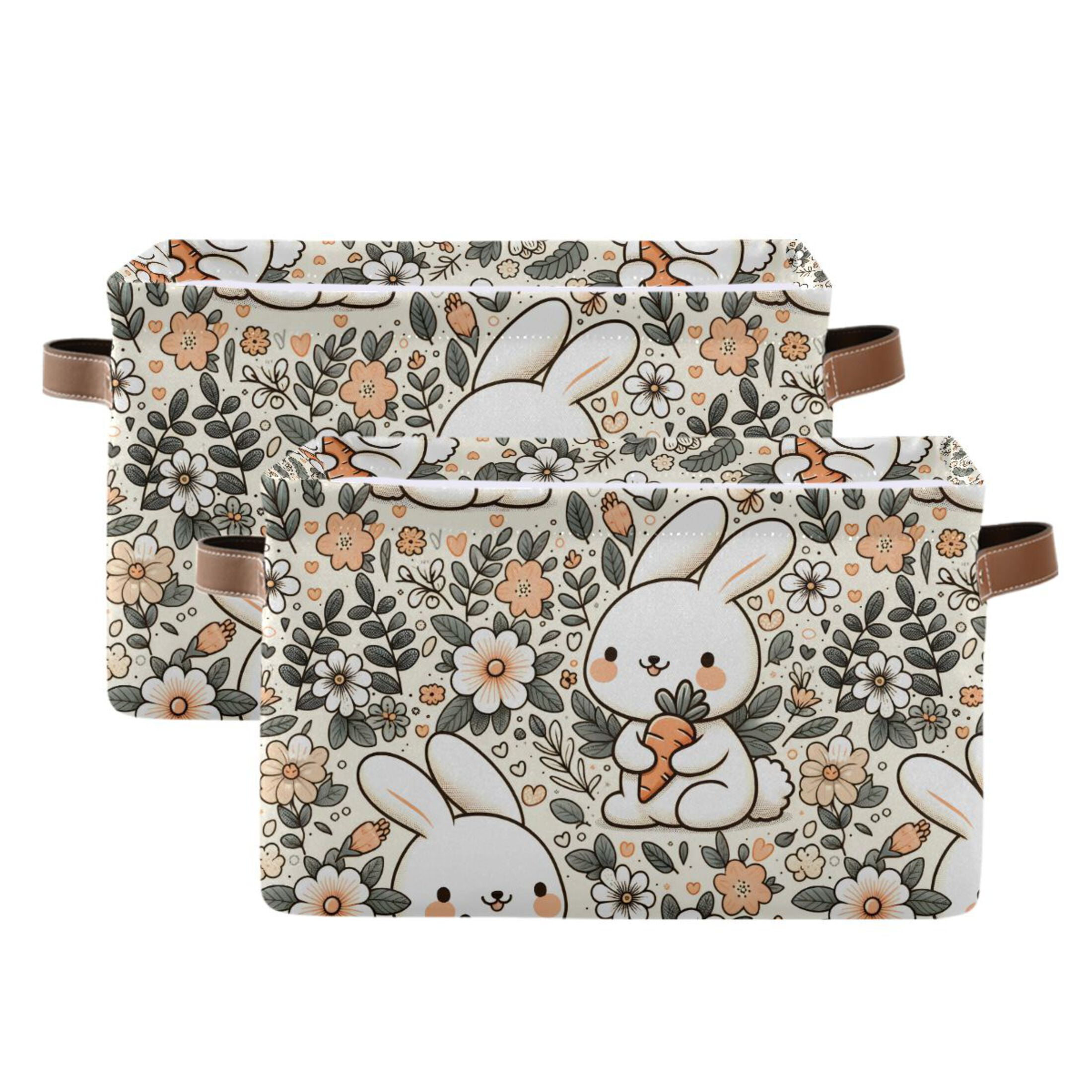 Cute Rabbit in Flowers Storage Bins with Handle Fabric Organizer Basket ...