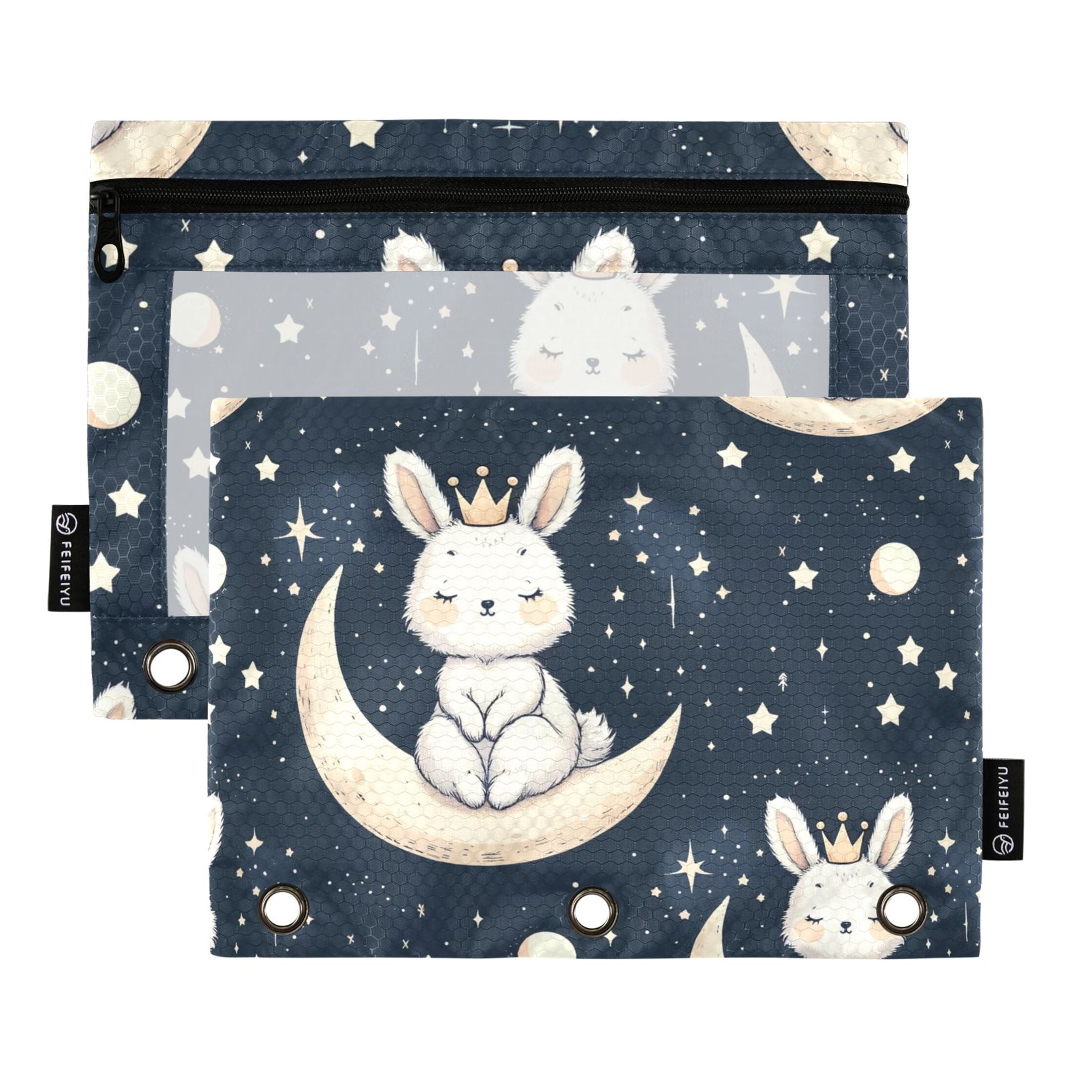 Cute Rabbit with Crown on Moon 2 Pack Pencil Pouch for 3 Ring Binder ...