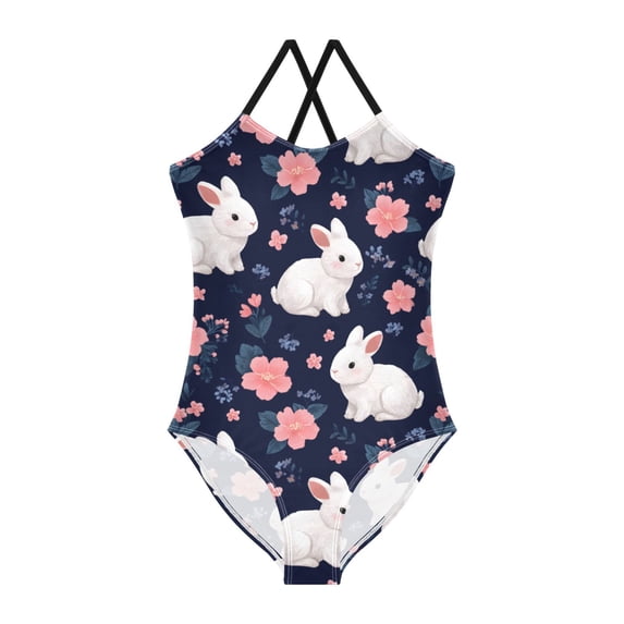 Cute Rabbit with Flowers Pattern Girls' One-Piece Swimwear 3T-10T Soft ...