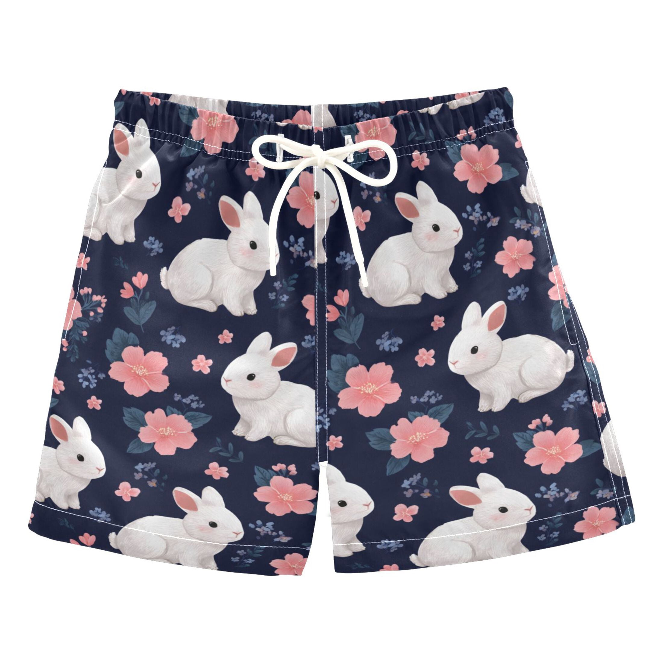Cute Rabbit with Flowers Pattern Swim Trunks Quick Dry Beach Pool Board ...