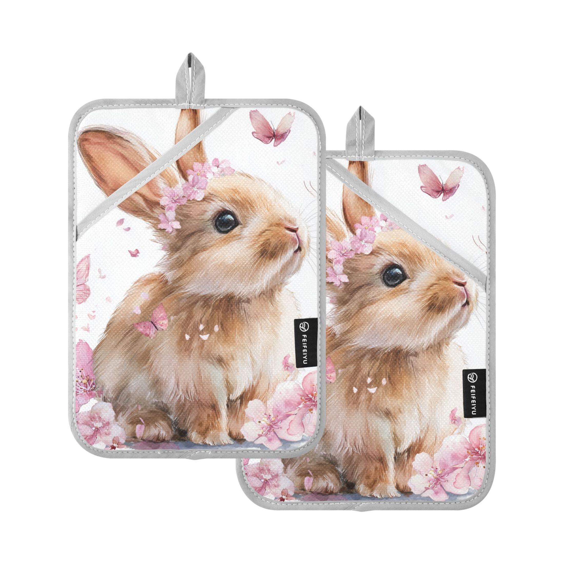 Cute Rabbit with Peach Blossom Butterflies Pot Holder Heat Resistant ...