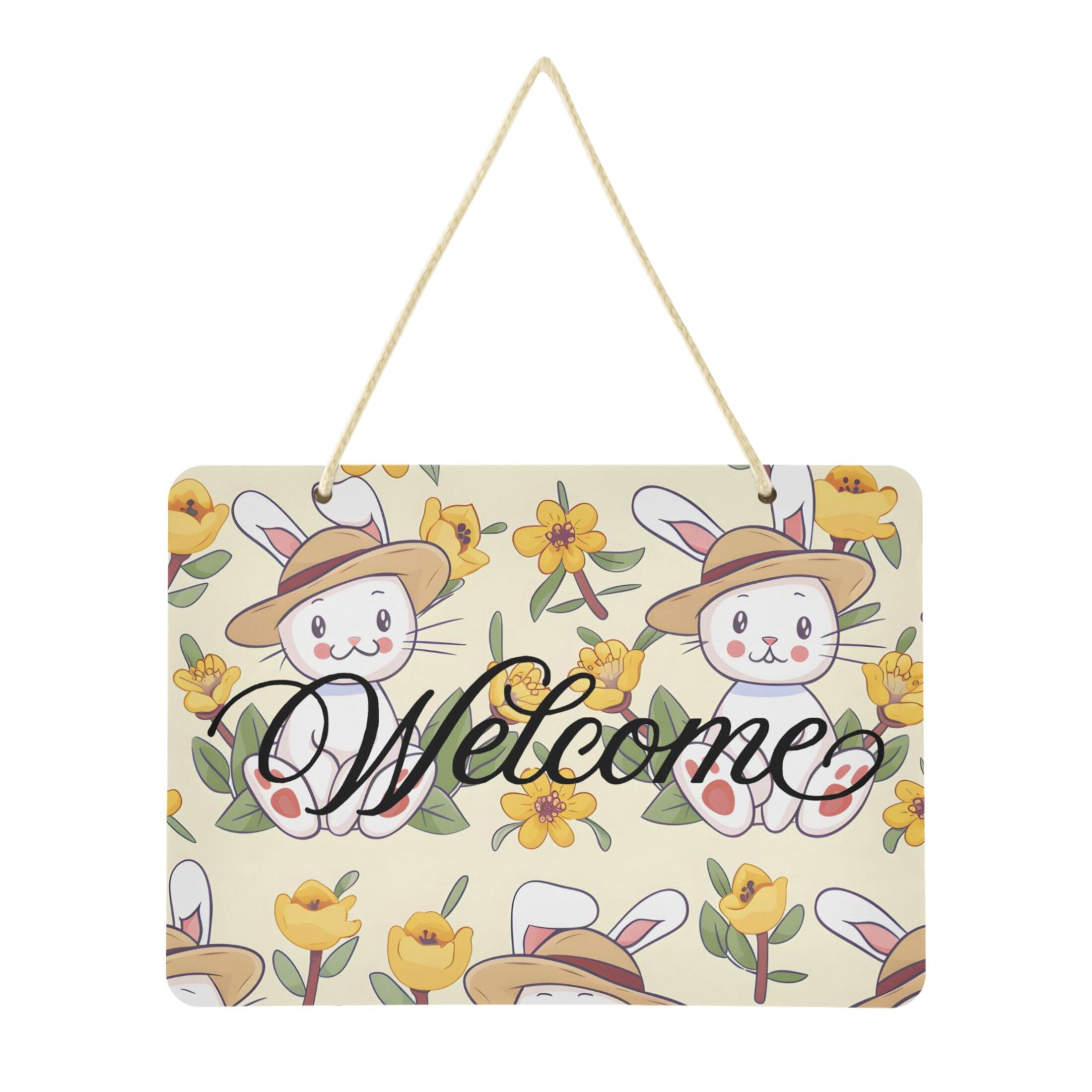 Cute Rabbit with Straw Hat Welcome Sign Front Door PVC 14x10 inch ...