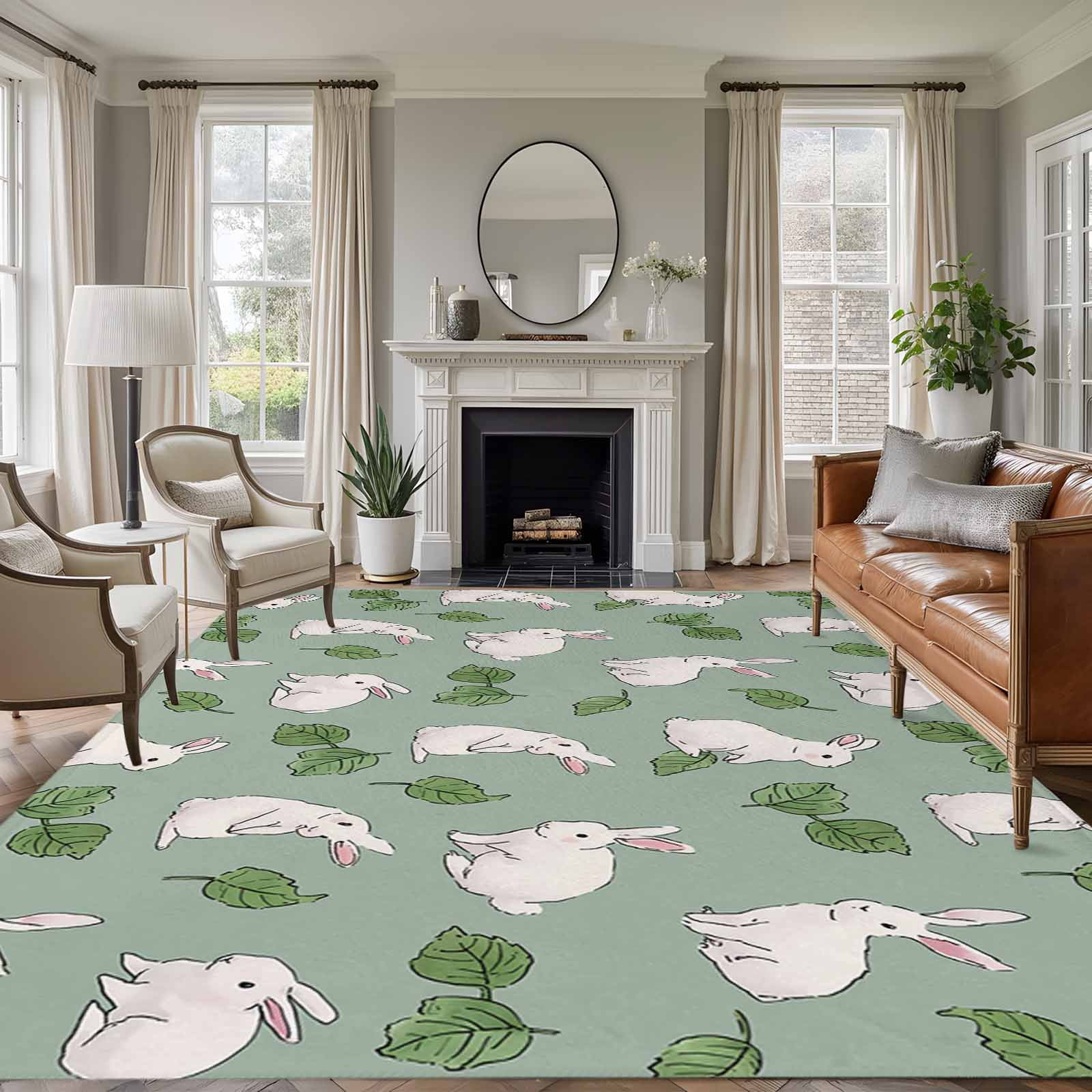 Cute Rabbits Area Rugs 6'x9', Washable Small Throw Rugs for Kitchen ...