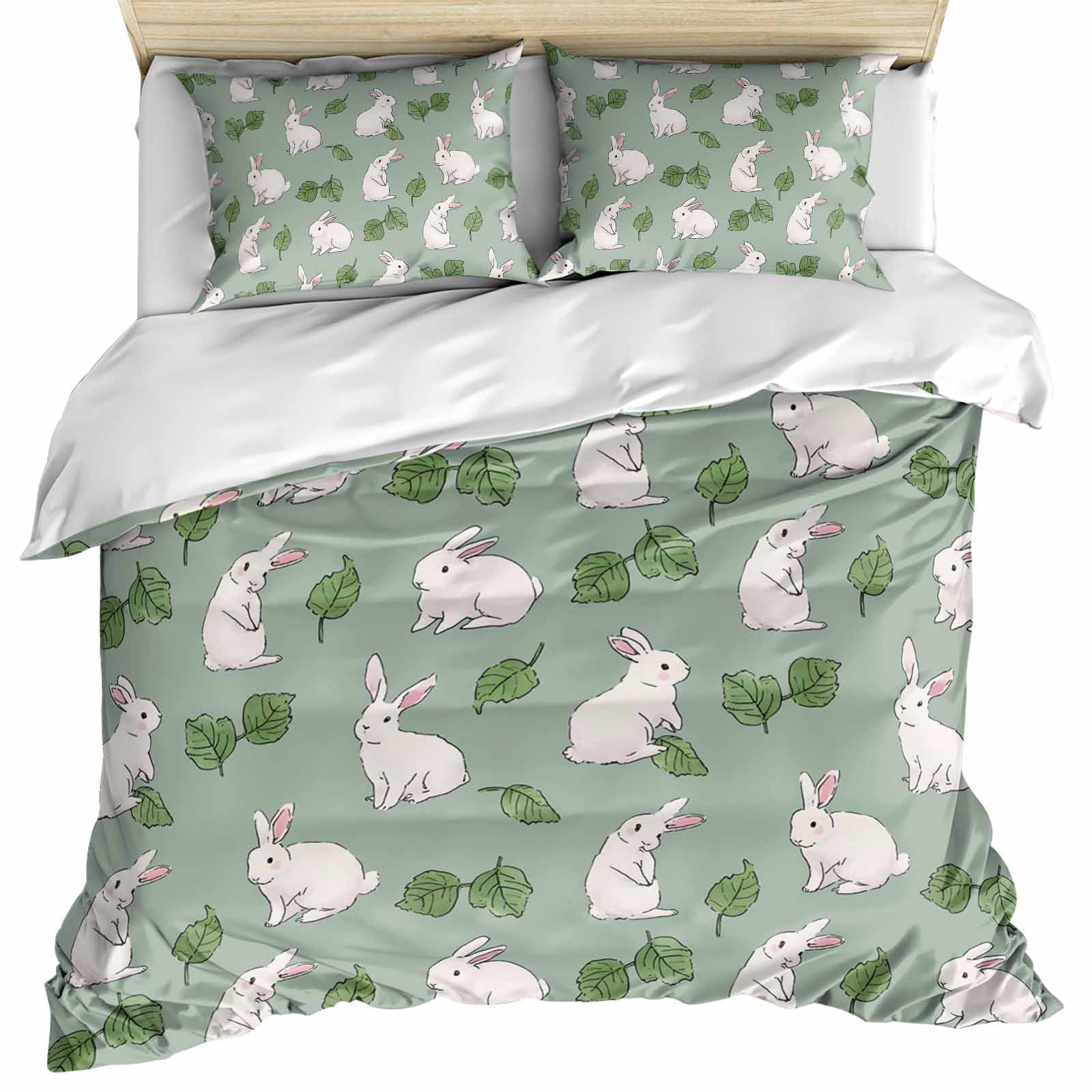 Cute Rabbits Bedding 3 Piece Duvet Cover Set Queen Size, Green ...