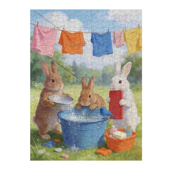 Cute Rabbits and Birds Outdoor Laundry Scene Wooden Jigsaw Puzzle 500 ...