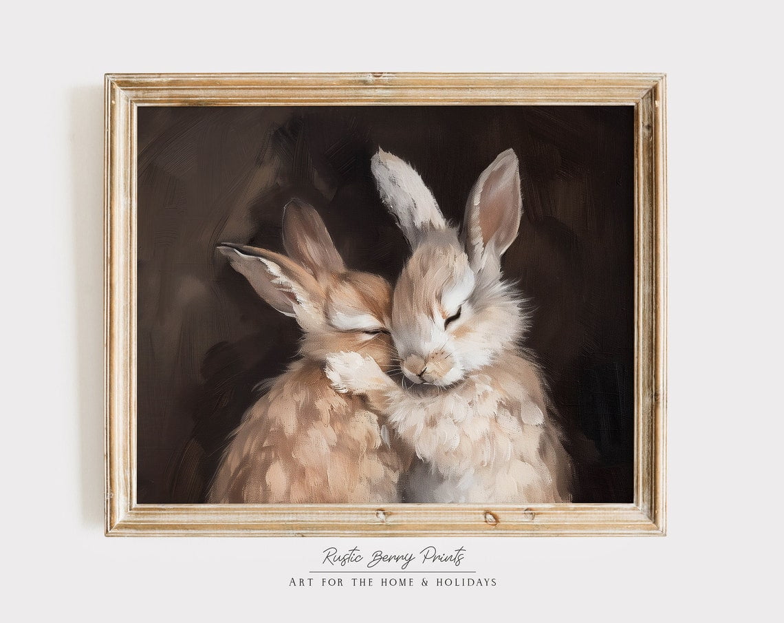 Cute Rabbits Wall Art Oil Painting Rabbit Friends Antique Vintage Print ...