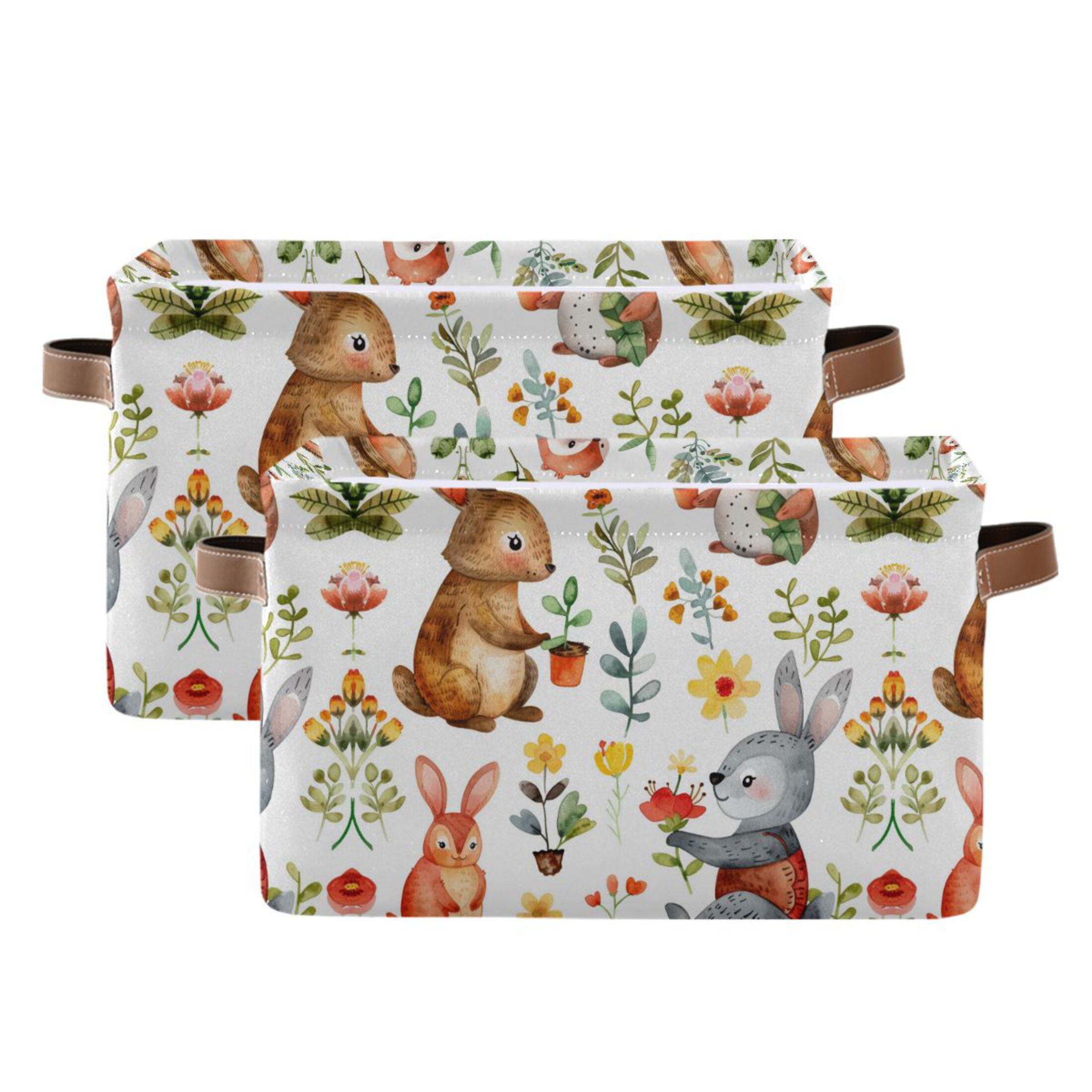 Cute Rabbits and Flowers Storage Bins with Handle Fabric Organizer ...
