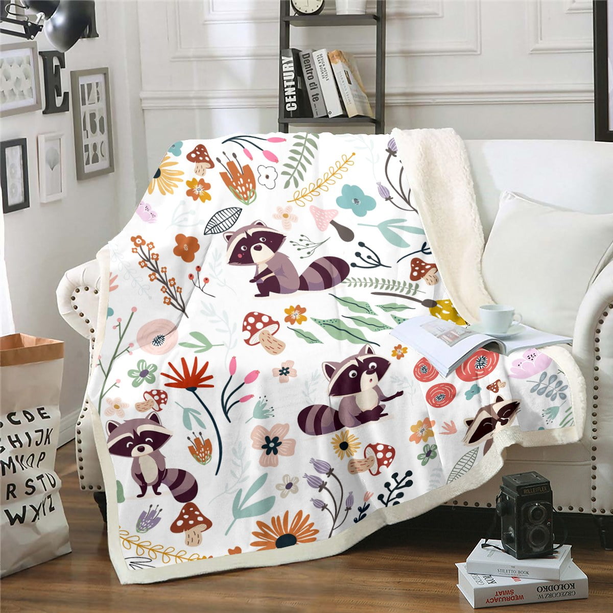 Cute Raccoon Blanket Mushroom Floral Throw Blanket 30"x40",Cartoon ...