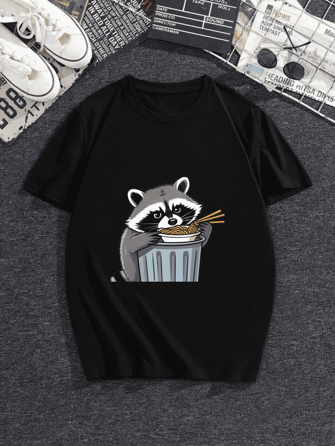 Cute Raccoon Eating Noodles Graphic T-Shirt, Funny Animal Cartoon Short ...