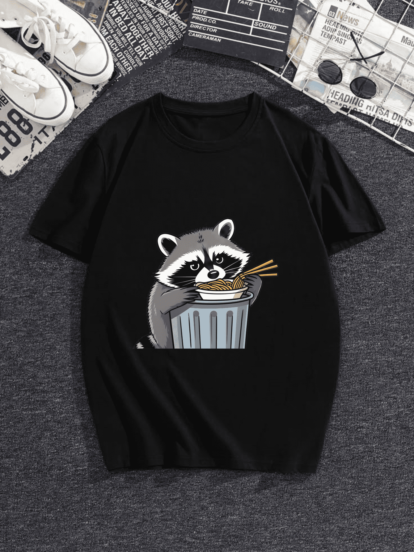 Cute Raccoon Eating Noodles Graphic T-Shirt, Funny Animal Cartoon Short ...