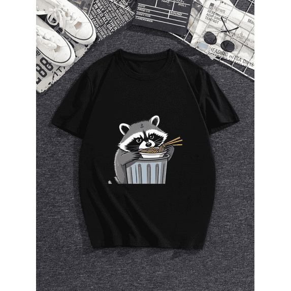 Cute Raccoon Eating Noodles Graphic T-Shirt, Funny Animal Cartoon Short ...