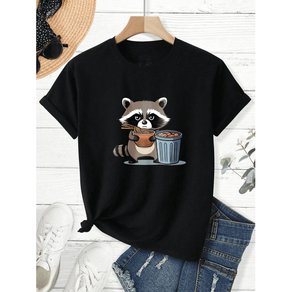 Cute Raccoon Eating Noodles Graphic T-Shirt, Funny Animal Cartoon Short ...