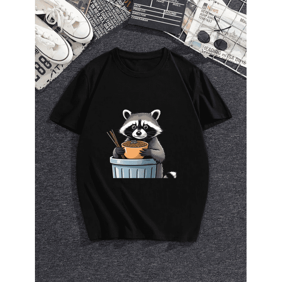 Cute Raccoon Eating Noodles Graphic T-Shirt, Funny Animal Cartoon Short ...