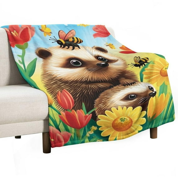 Cute Raccoon Floral Garden-1 Blanket for Bed Throw Blanket for Women ...