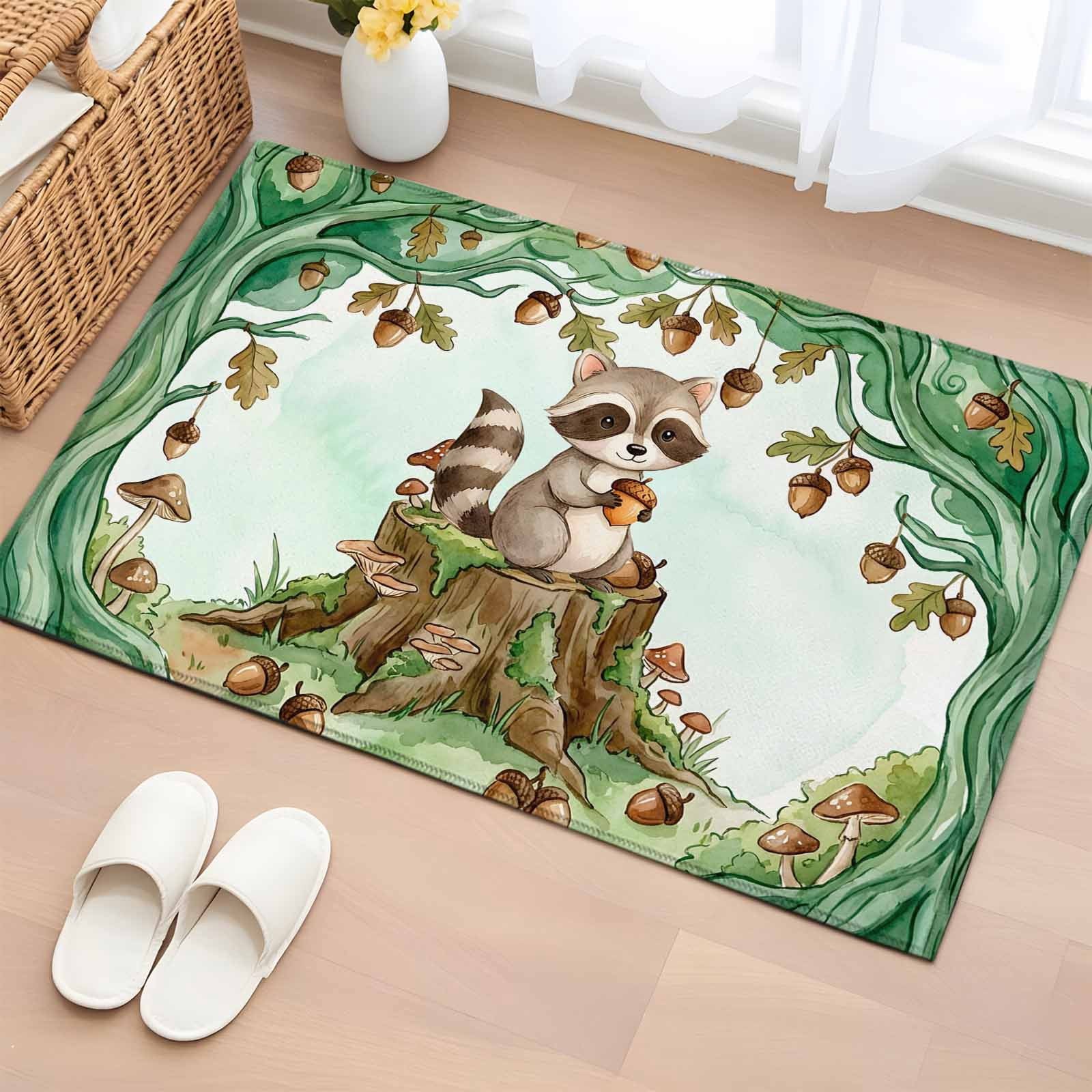 Cute Raccoon Forest Entryway Rug 2'x3' Non Slip Front Door Mats, Green ...