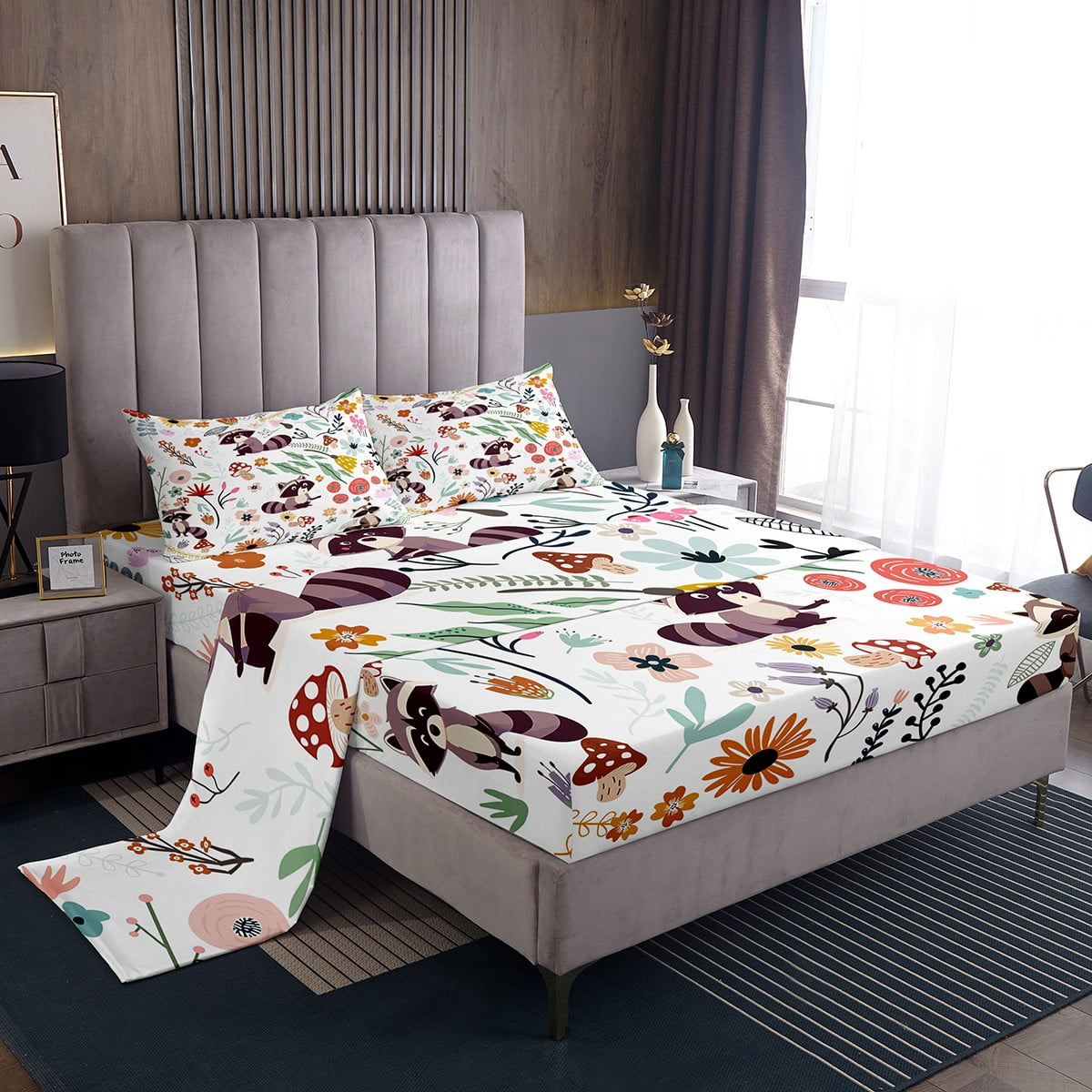Cute Raccoon King Sheet Set,Mushroom Floral Sheets Cartoon Animal Bed ...