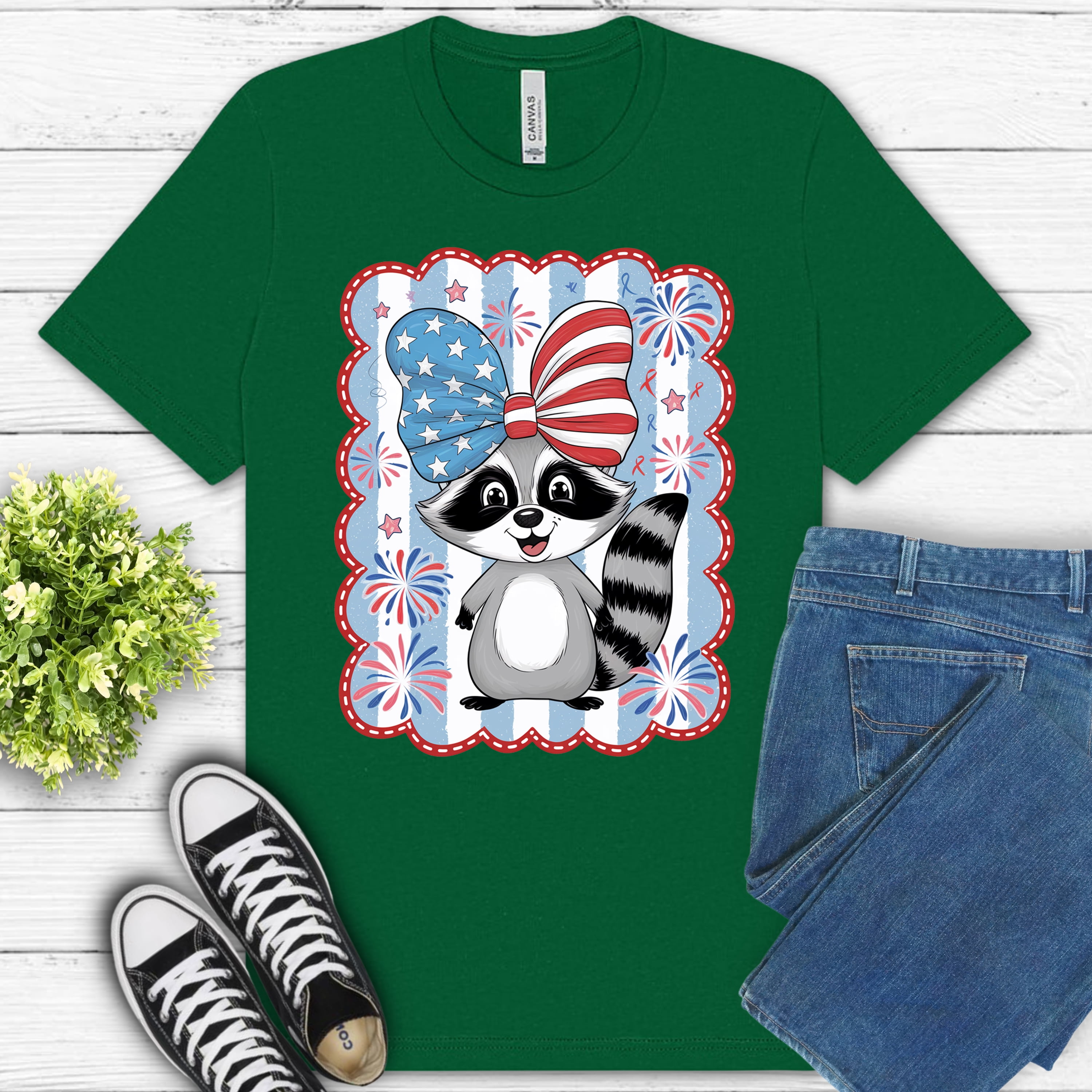 Cute Raccoon Patriotic Shirt | USA Flag Bow Fireworks 4th of July T-Shirt , Kelly, XL - Walmart.com