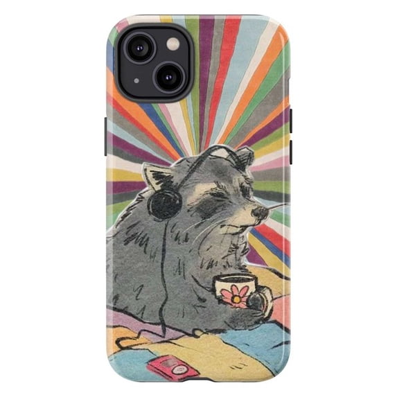 Cute Raccoon Phone Case, Rainbow Sunburst Headphone Coffee Cover for ...