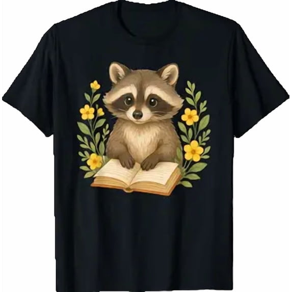 Cute Raccoon Reading Book Flowers Floral T-Shirt - Walmart.com