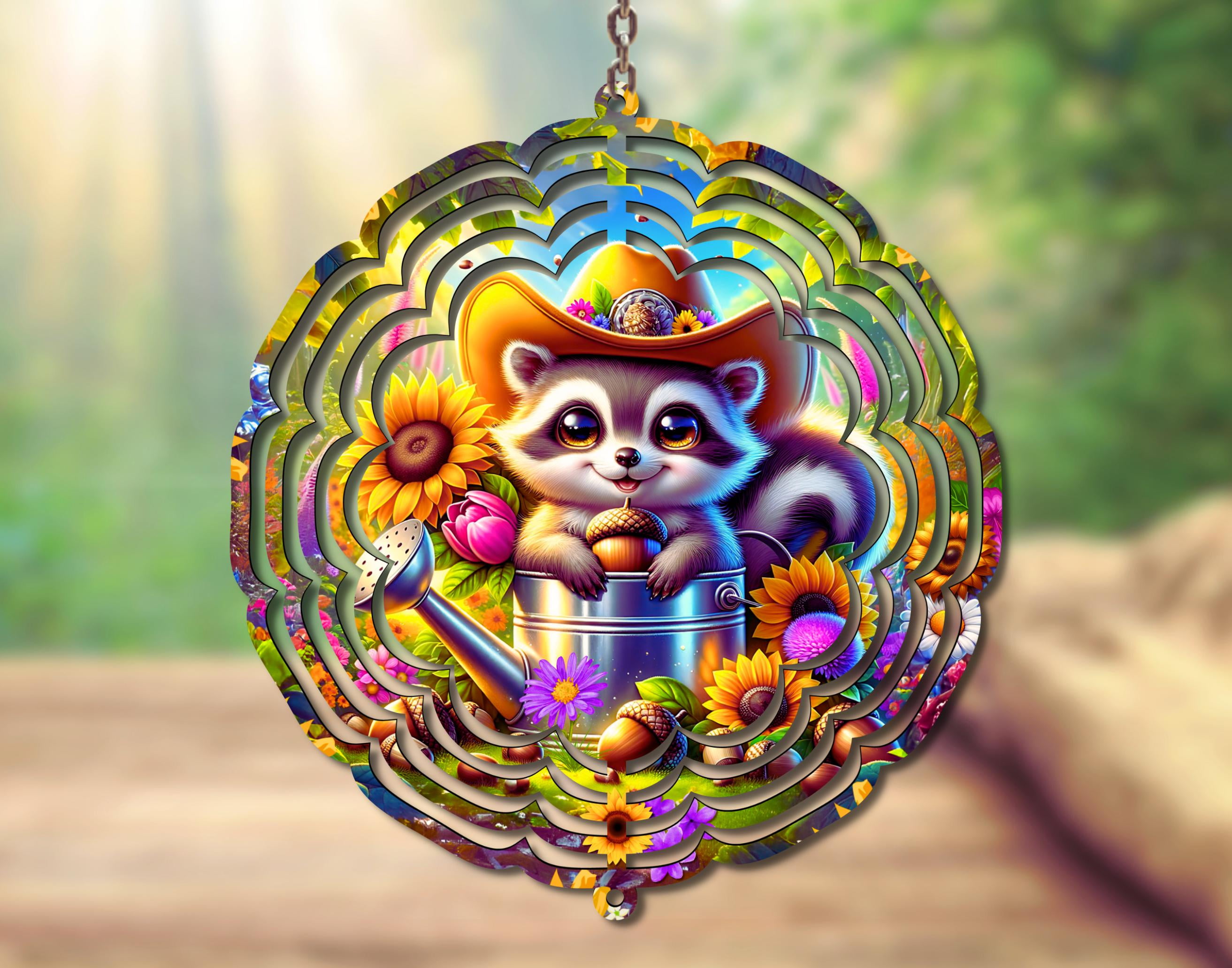 Cute Raccoon Sunflower 3D Wind Spinner Cowboy Country Kinetic Garden ...