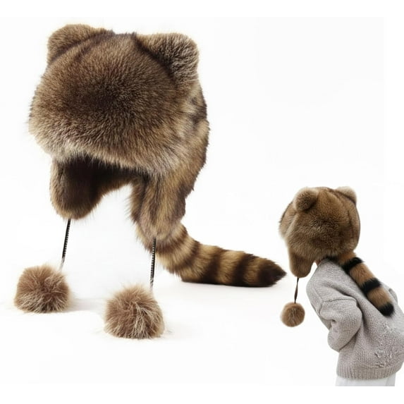 Cute Raccoon Tail Mood Hat with Tail, Parent-Child Plush Winter Hat for ...