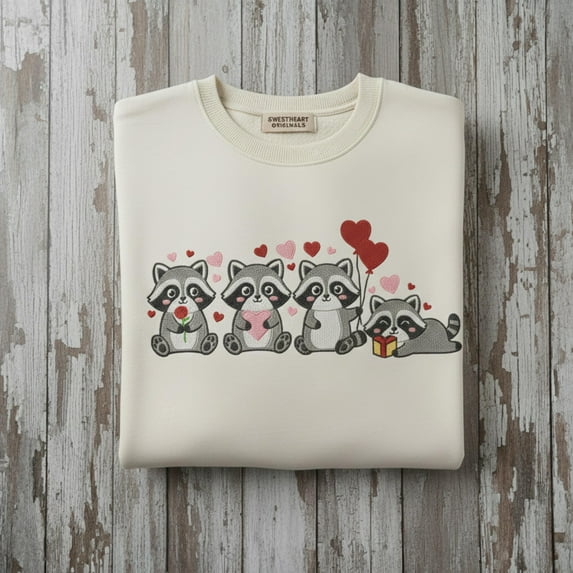 Cute Raccoon Valentine Embroidered Sweatshirt, Raccoon with Heart and ...