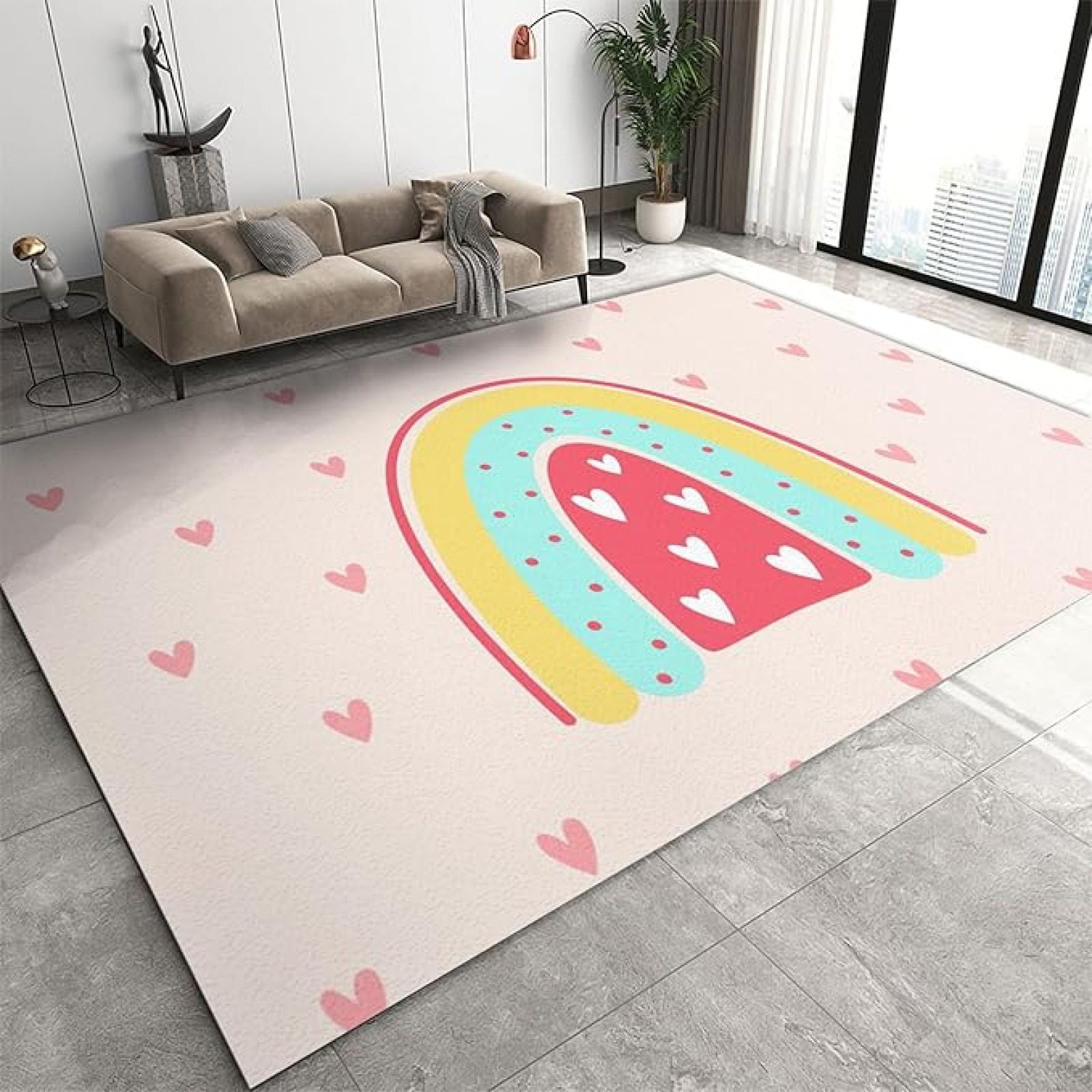 Cute Rainbow Area Rug, Love Heart Print Girls Room Rug, Floor Rugs ...