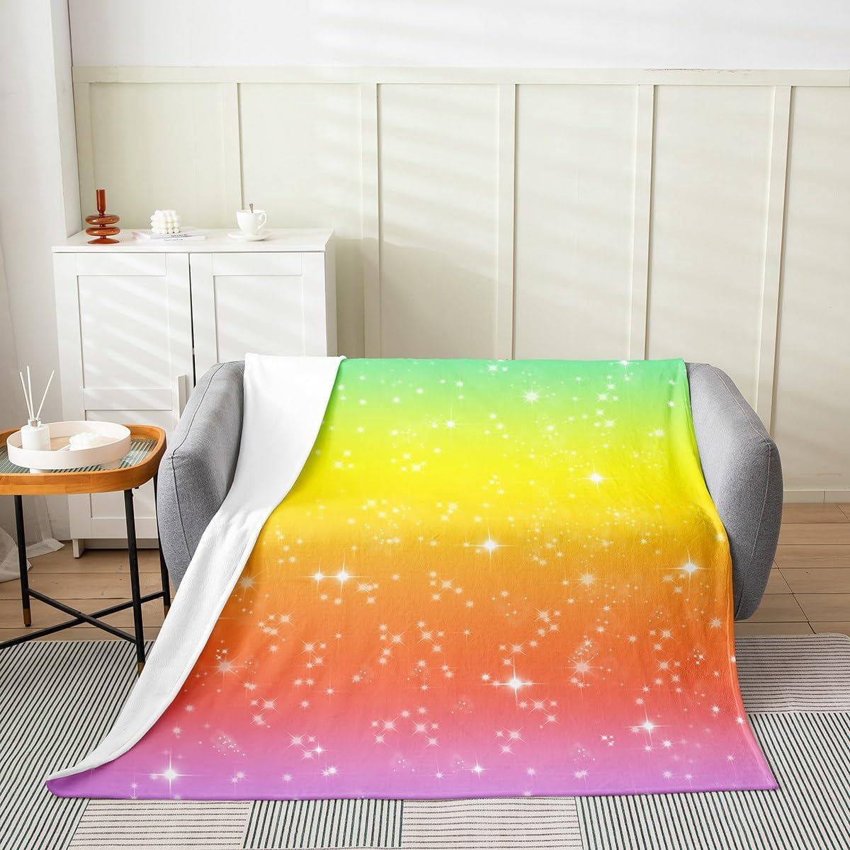 Cute Rainbow Flannel Blanket Plush Fuzzy Glitter Galaxy Fleece Throw ...
