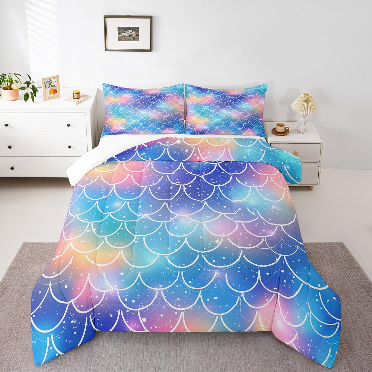 Cute Rainbow Gradient Twin Comforter Set,Blue Pink Mermaid Tail Scale Bedding Set Kawaii Room ...