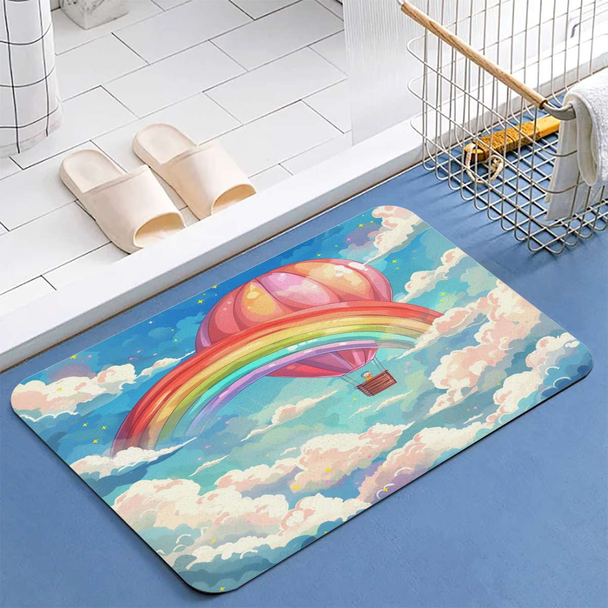 Cute Rainbow Hot Air Balloon Diatomite Bath Mats Bathroom Absorbent ...