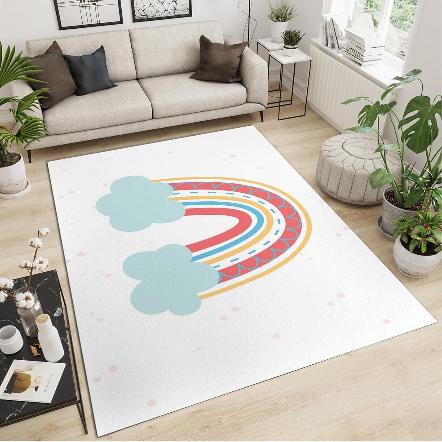 Cute Rainbow and Clouds Bedroom Rug, Colorful Cartoon Childlike Fun ...