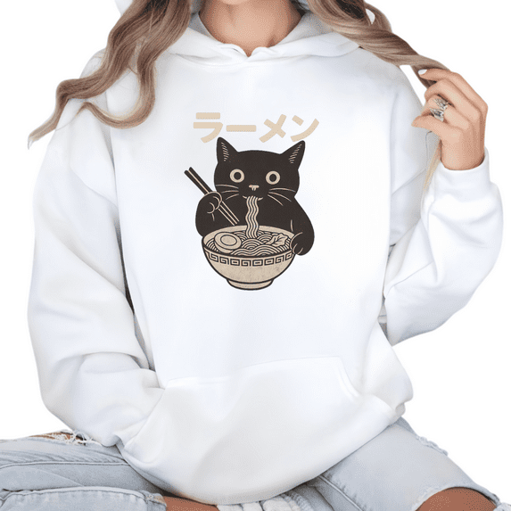 Cute Ramen Cat Graphic Sweatshirt Print Hoodie White S-2XL Funny Food ...
