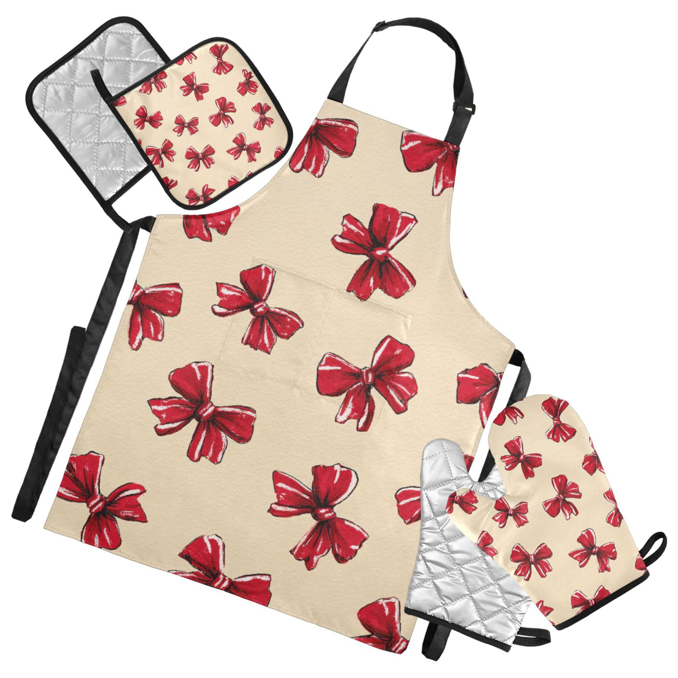 Cute Red Bows Apron Set with Oven Mitts Pot Holders Set of 5 Kitchen ...