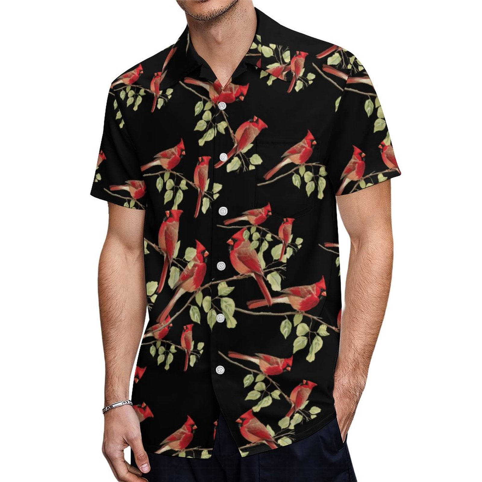 Cute Red Cardinal Couple on Branch Mens Hawaiian Shirts Printed Casual ...