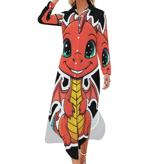 Cute Red Dragon Cartoon Shirt Dress Long Sleeve Street Fashion V Neck ...