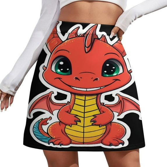 Cute Red Dragon Cartoon Women's High Waist Skirt Stretchy Casual Mini ...