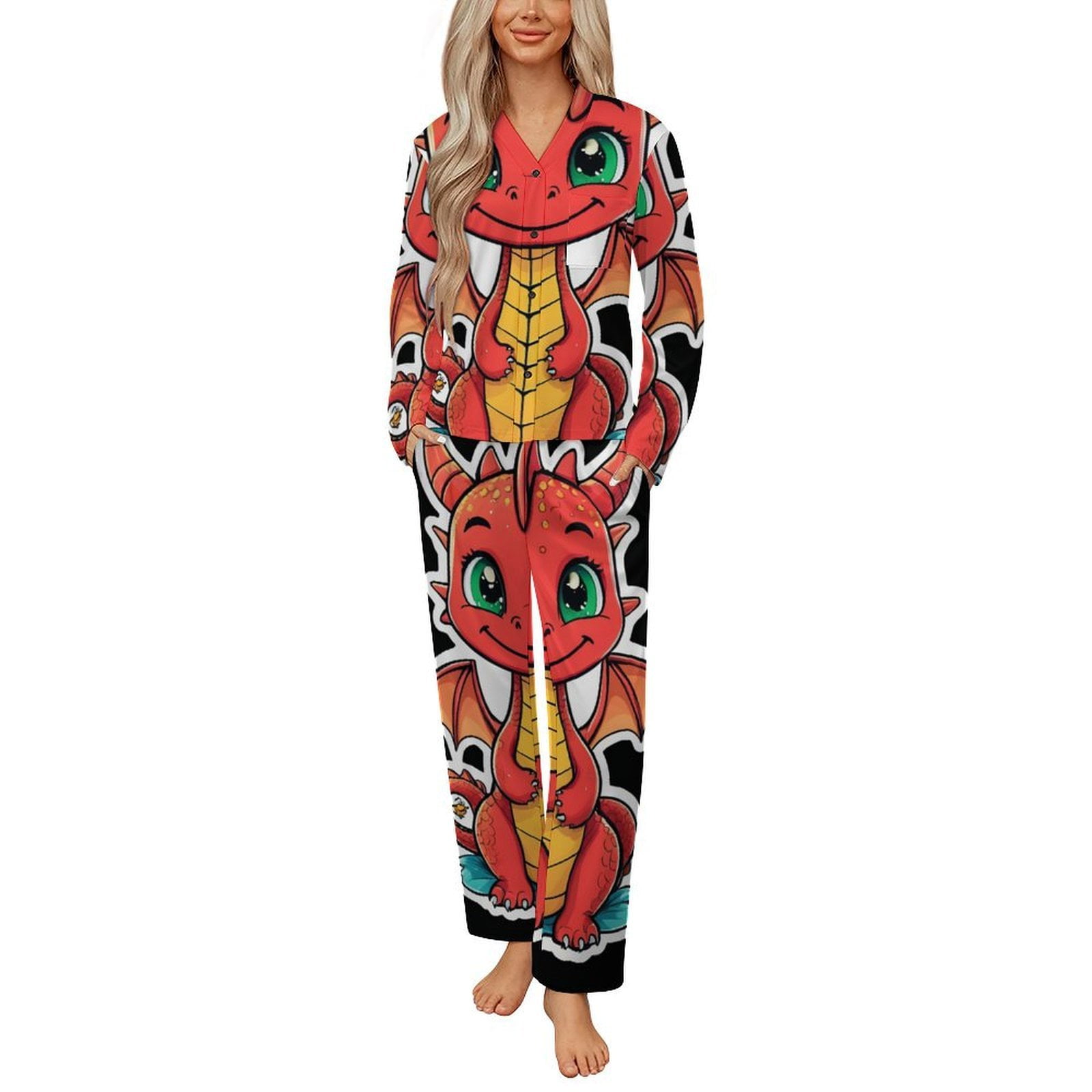 Cute Red Dragon Cartoon Womens Pyjamas Set Button Up Pyjamas Womens ...