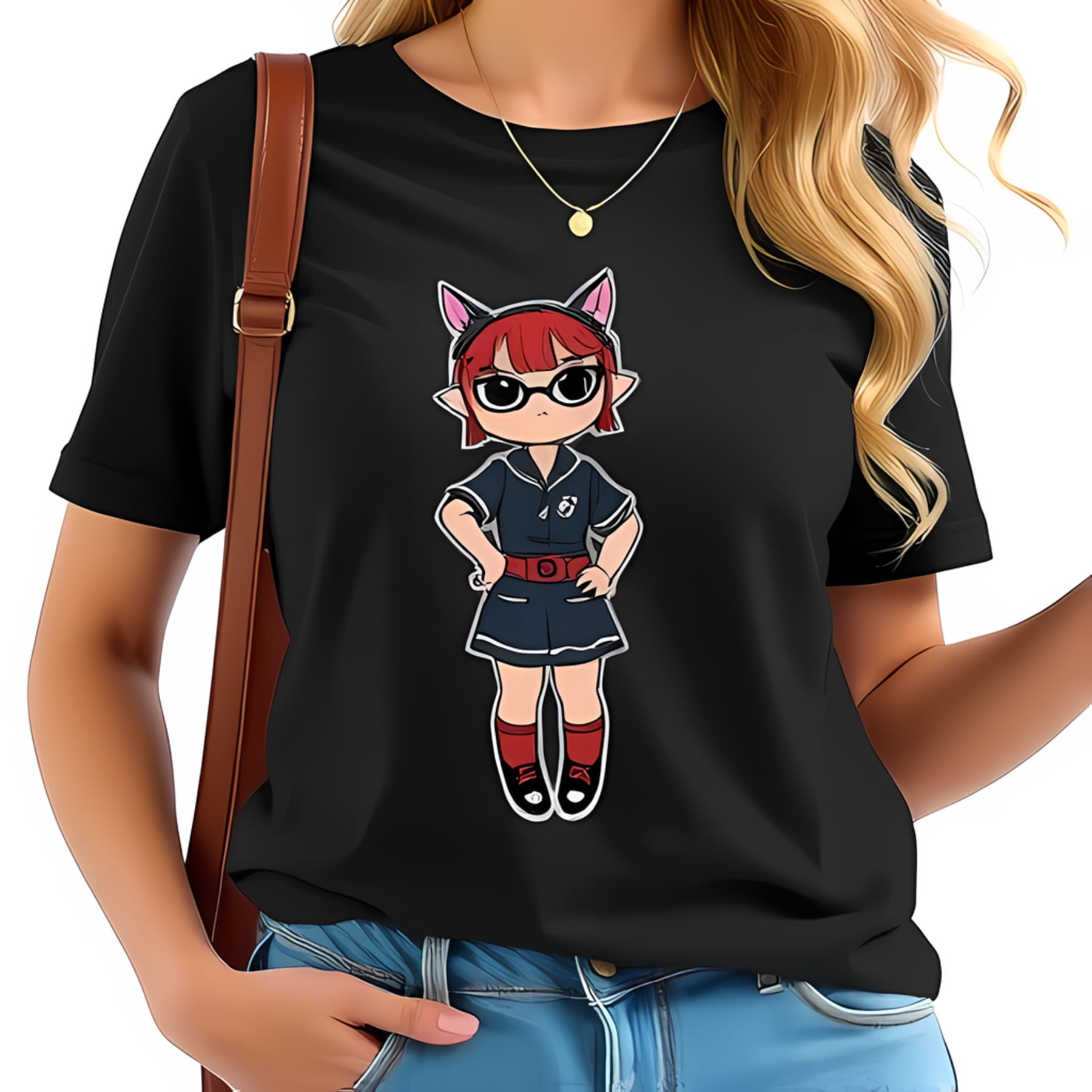 Cute Red-Haired Girl Glasses Graphic Cotton Short Sleeve T-Shirt ...