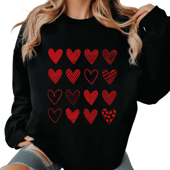 Cute Red Hearts Print Sweatshirt Sweatshirt Love Theme Black S-3XL ...