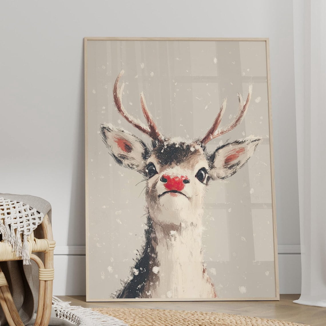 Cute Red Nose Reindeer Wall Art Whimsical Winter Decor, Unframed Paper ...