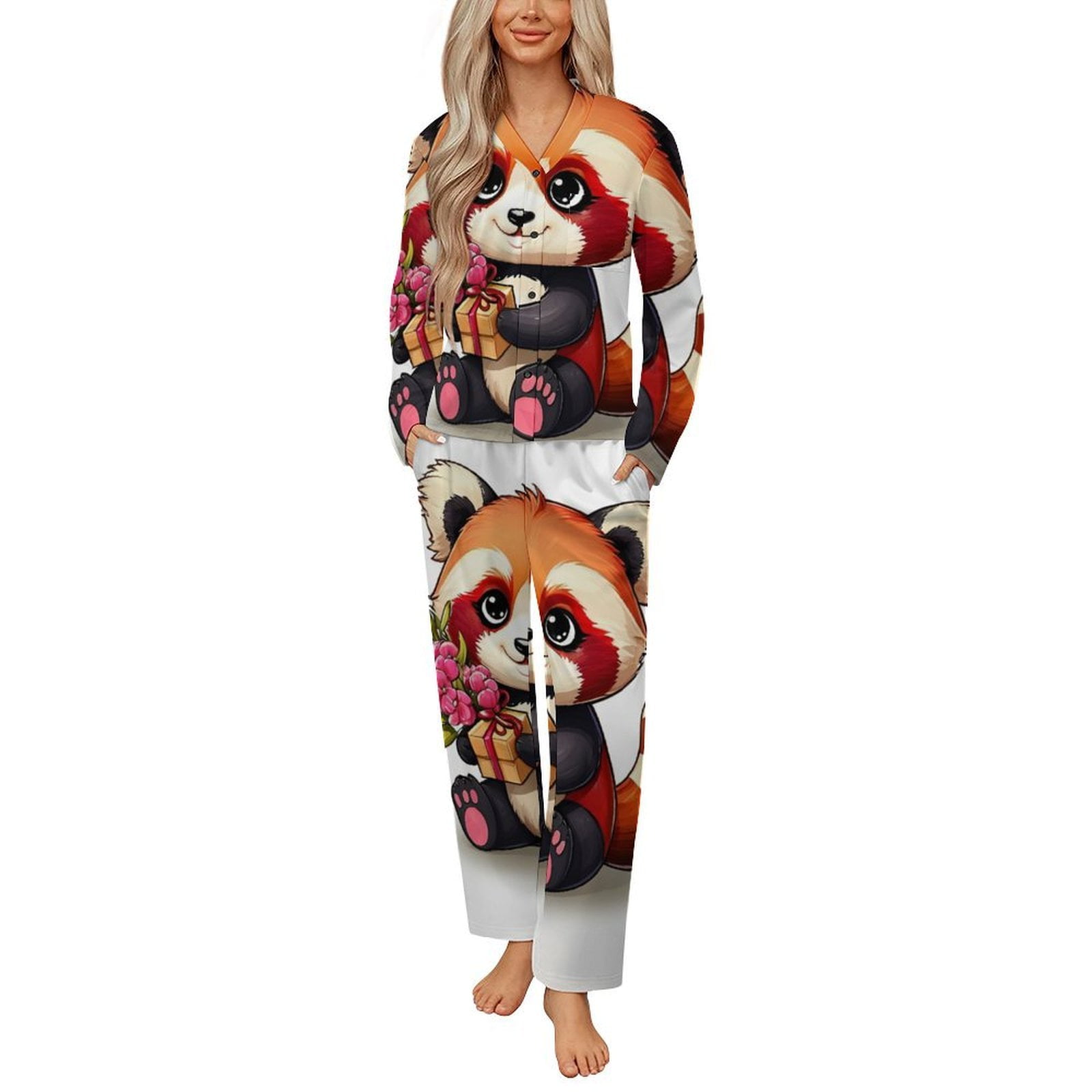Cute Red Panda Gift Womens Pyjamas Set Button Up Pyjamas Womens with ...
