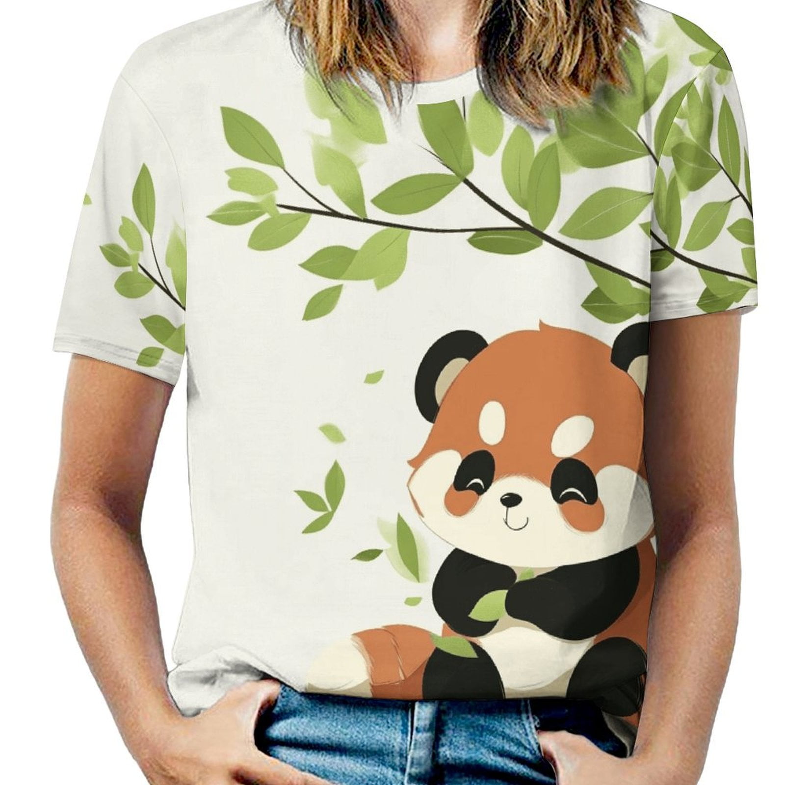 Cute Red Panda Leaves Women's T-Shirt Short Sleeve T Shirts Tops Tee ...