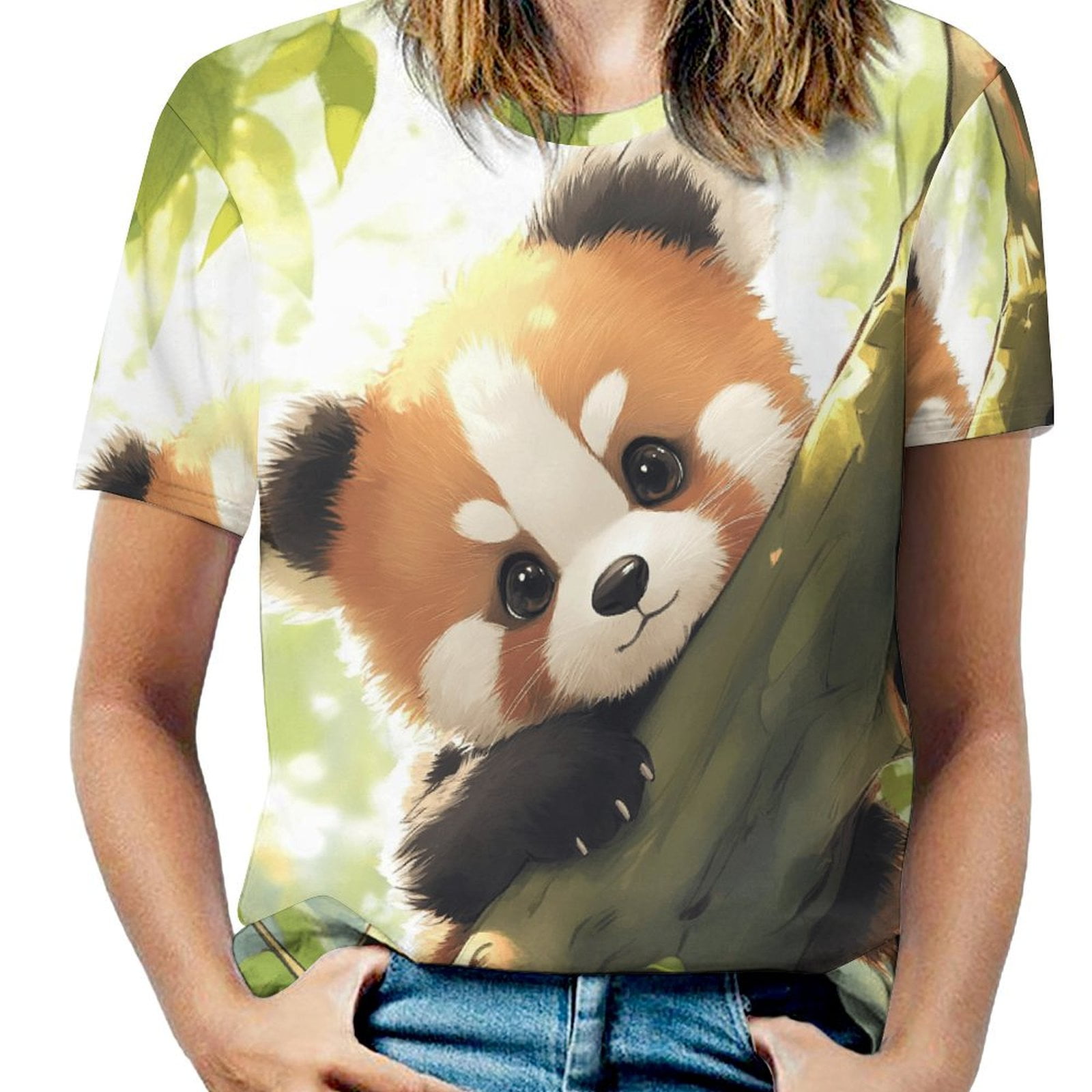 Cute Red Panda Tree Climb Women's Short Sleeve Tops Casual Blouses T ...